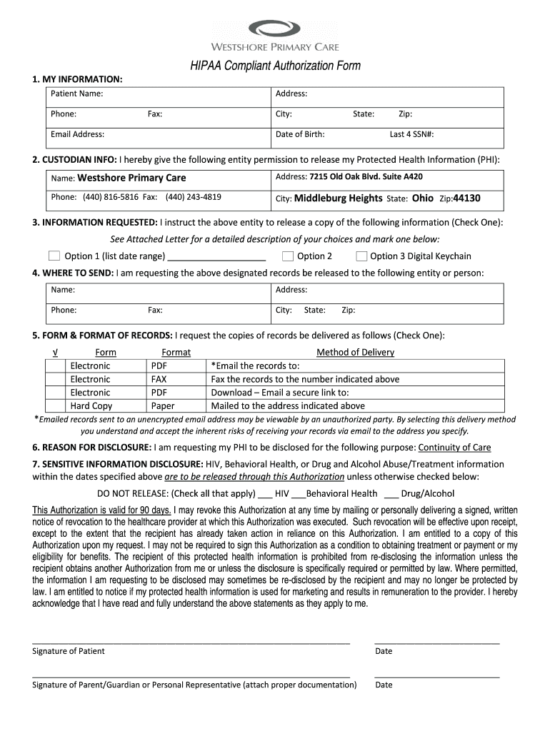Fillable Online HIPAA Compliant Authorization Form Fax Email Print ...