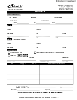 Fillable Online ORDER FORM ORDER CONFIRMATION WILL BE FAXED WITHIN ...