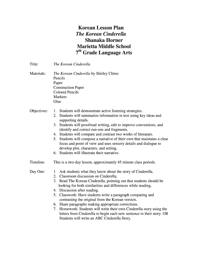 Fillable Online Korean Lesson Plan The Korean Cinderella Shanaka Horner ...