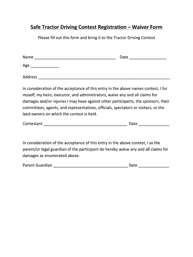 Fillable Online Safe Tractor Driving Contest Registration Waiver Form ...