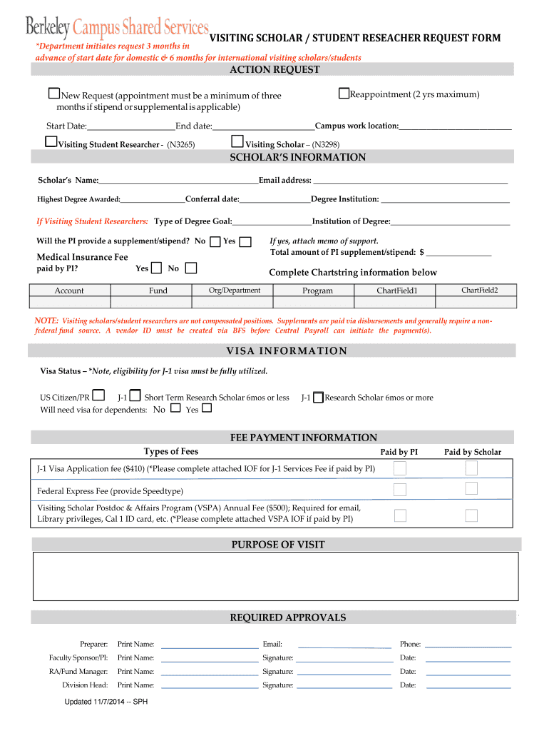 Fillable Online sharedservices berkeley VISITING SCHOLAR STUDENT ...