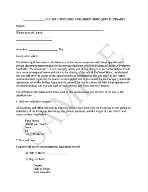 Fillable Online CO INC OFFICERS AND DIRECTORS QUESTIONNAIRE Fax Email ...