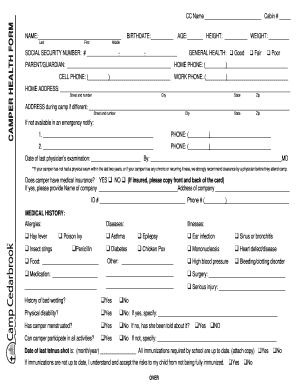 Fillable Online Camper health form - Cedarbrook Texas Fax Email Print ...