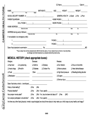 Fillable Online CAMPER HEALTH FORM MEDICAL HISTORY (check appropriate ... Fax Email Print ...