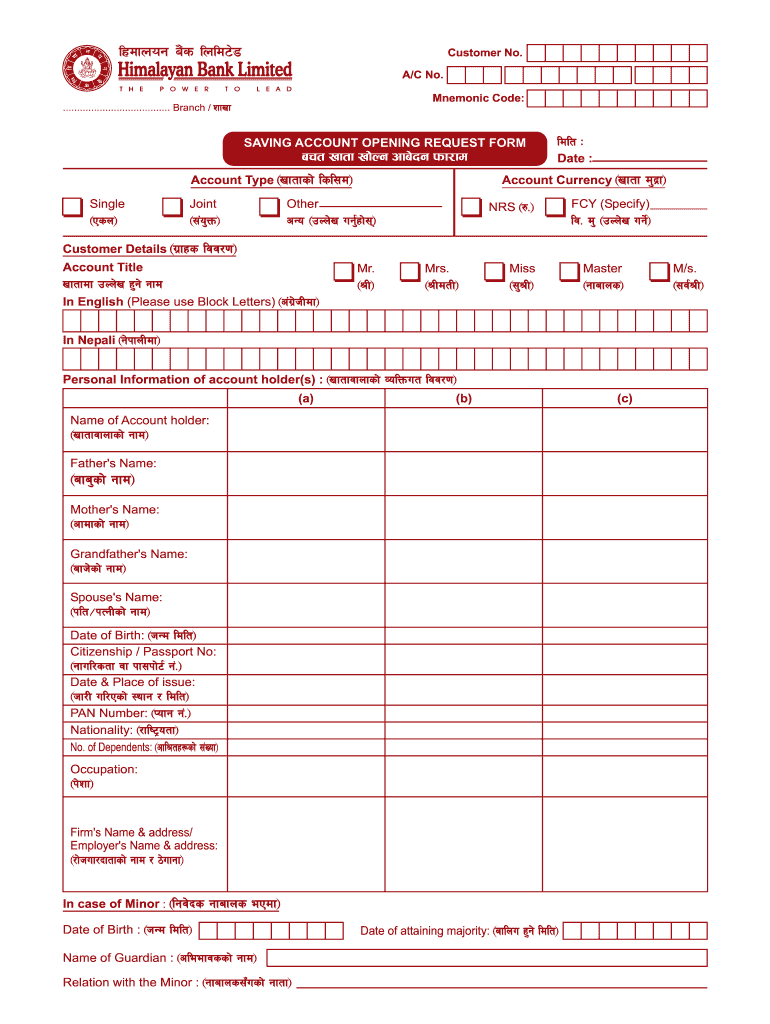 Fillable Online Saving Account Opening Request Form - Himalayan Bank ...