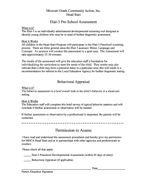 Fillable Online Dial-3 Pre-School Assessment - Head Start Fax Email ...