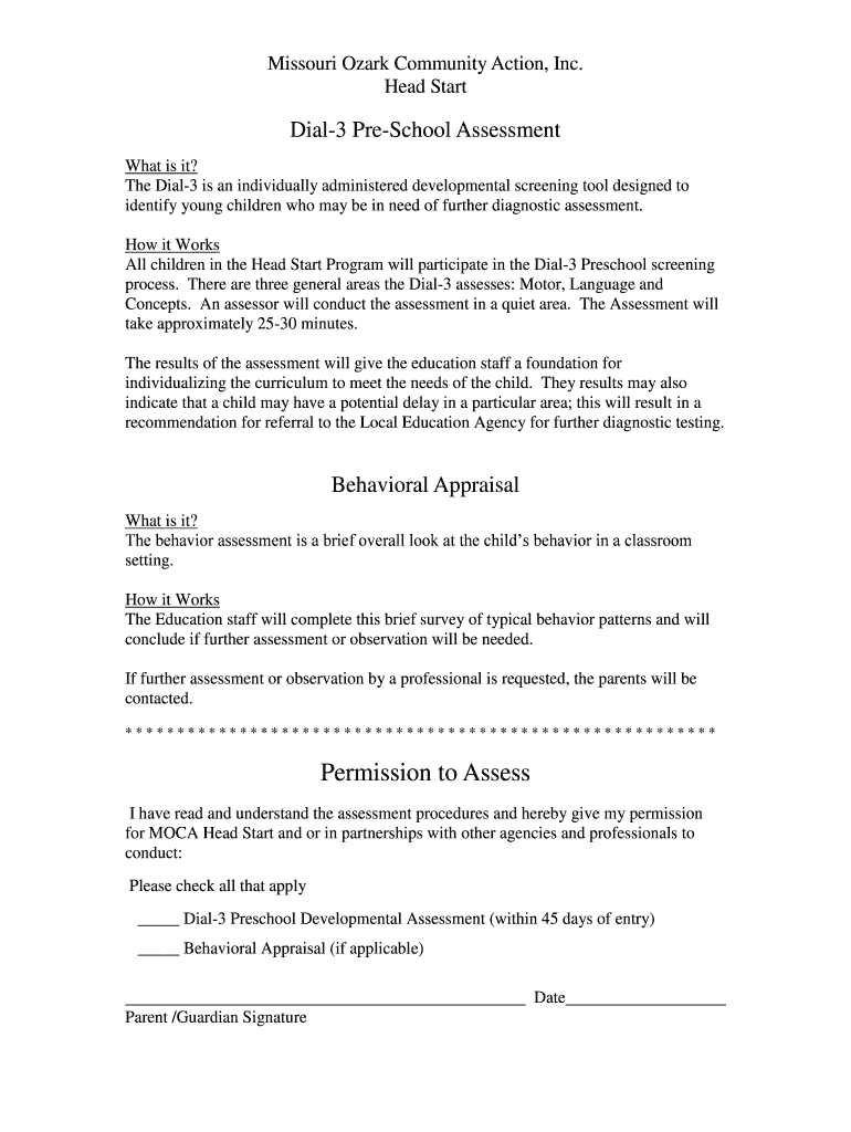 Fillable Online Dial-3 Pre-School Assessment - Head Start Fax Email ...