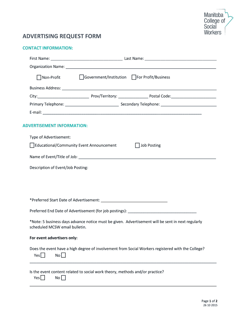 Fillable Online mcsw ADVERTISING REQUEST FORM - bmcswbbcab Fax Email ...