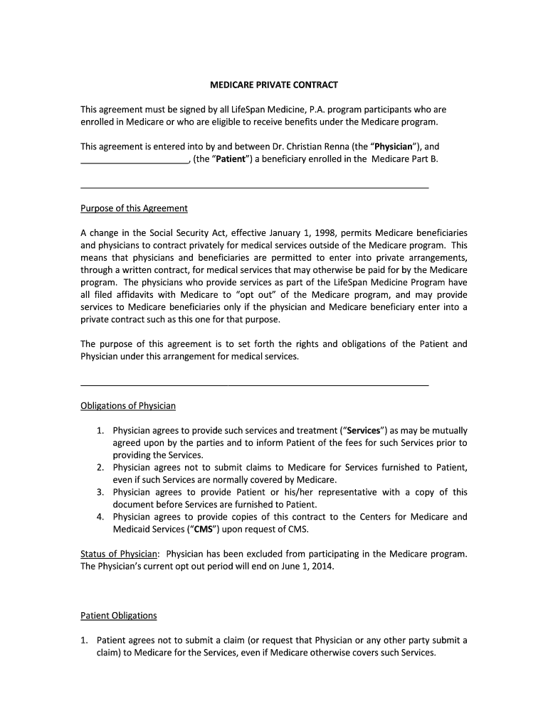 Fillable Online MEDICARE PRIVATE CONTRACT Physician Patient ...