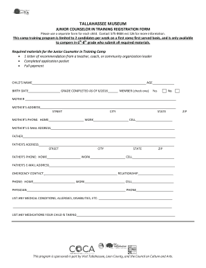 Fillable Online JUNIOR COUNSELOR IN TRAINING REGISTRATION FORM Fax ...
