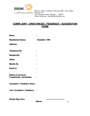 Fillable Online COMPLAINT GRIEVANCES FEEDBACK SUGGESTION FORM Fax Email ...