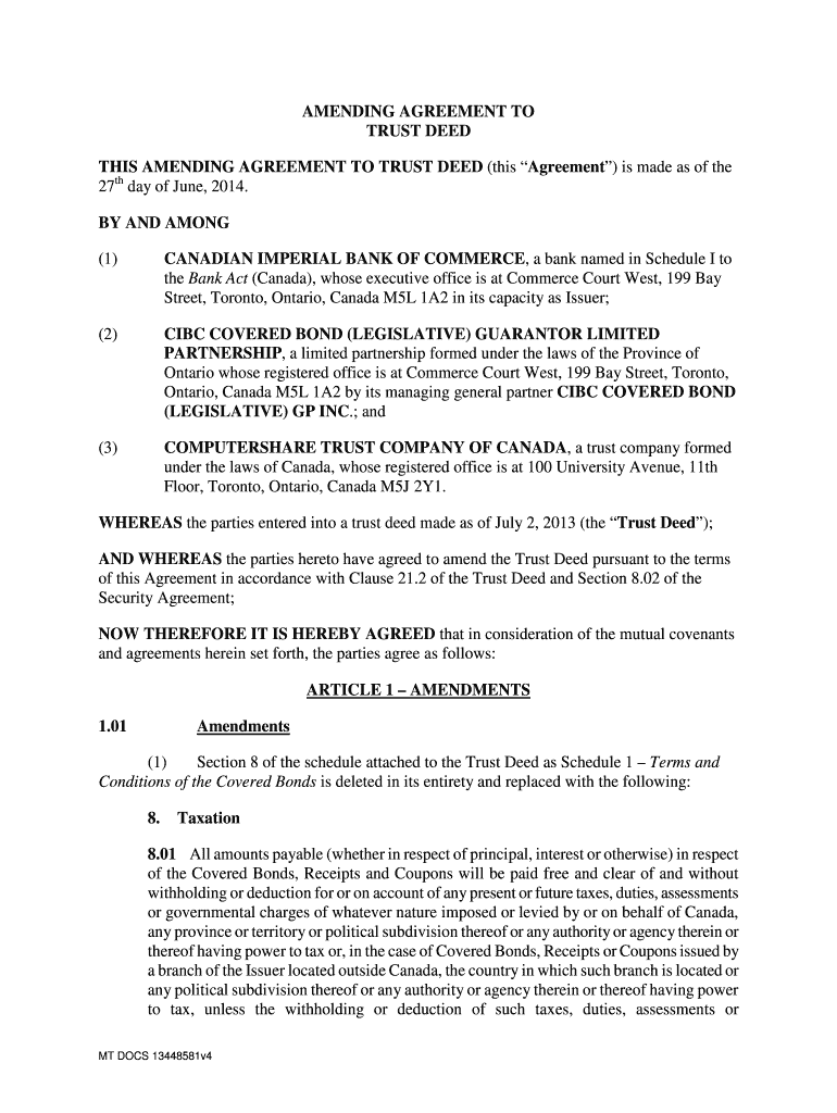 Fillable Online THIS AMENDING AGREEMENT TO TRUST DEED (this Agreement ...