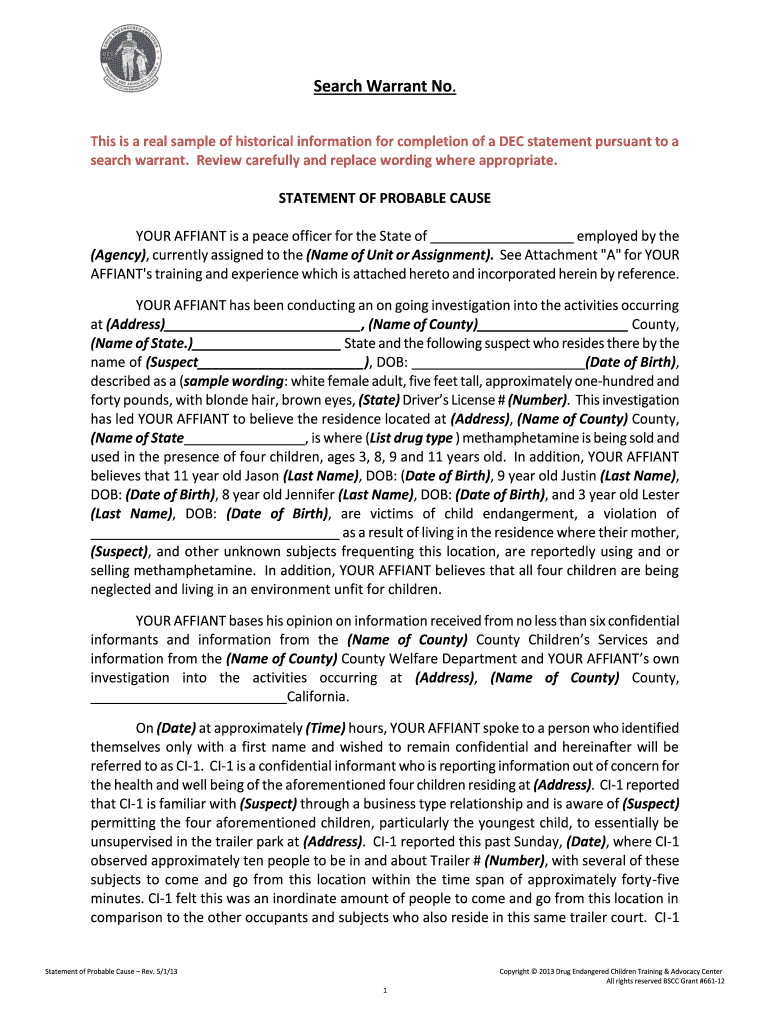 Fillable Online Declaration of Probable Cause (Sample) - Drug ...