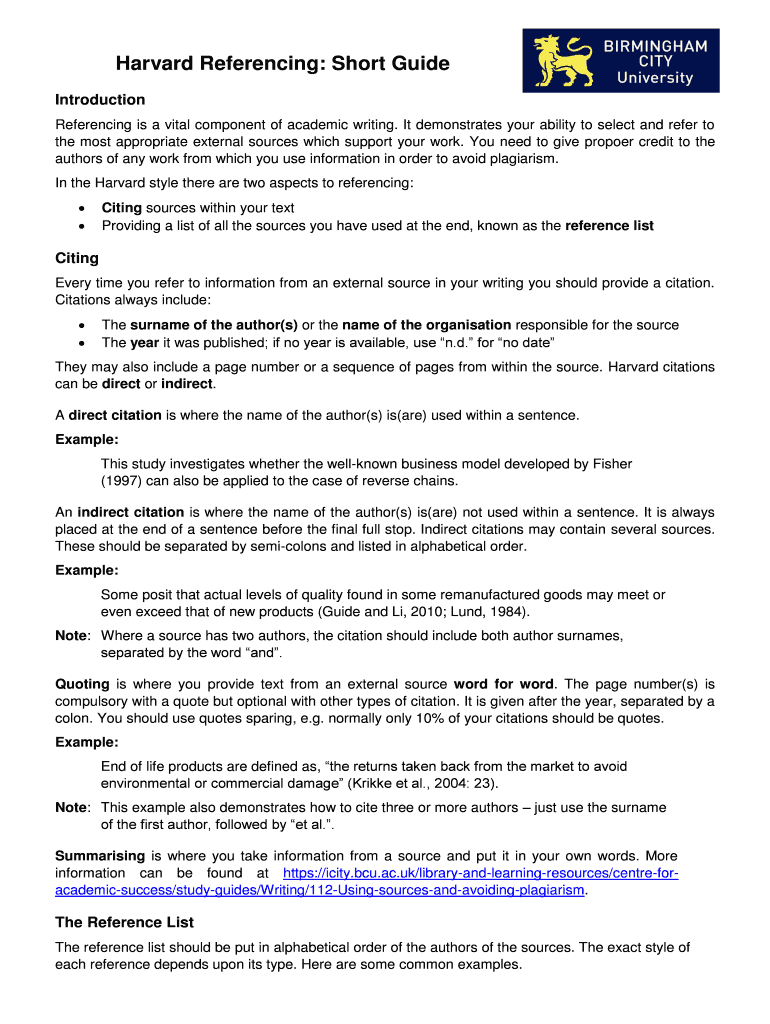 Fillable Online Harvard Referencing: Short Guide Fax Email Print ...