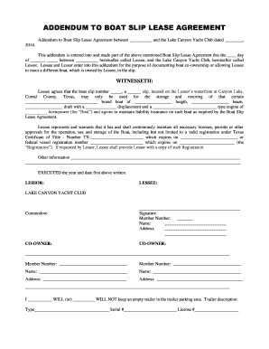 Fillable Online lcyc Addendum to boat slip lease agreement - Lake Canyon Yacht Club - lcyc Fax ...