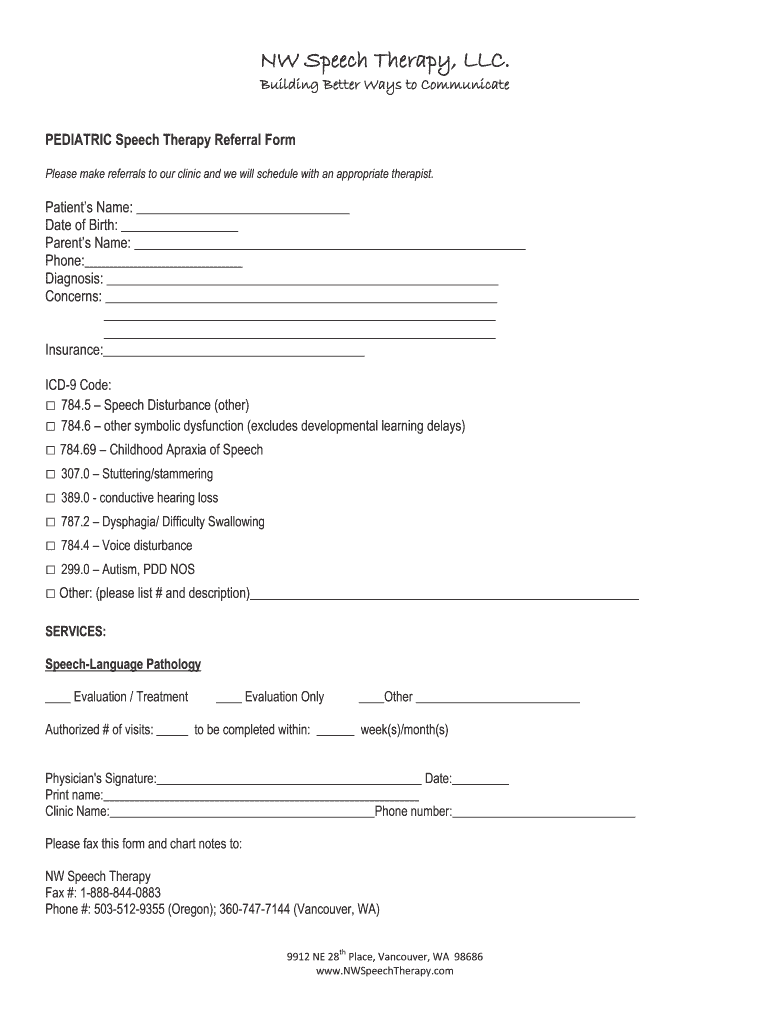 Fillable Online BReferral Formb - NW Speech Therapy Fax Email Print ...