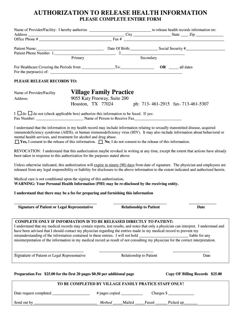 Fillable Online AUTHORIZATION TO RELEASE HEALTH INFORMATION PLEASE COMPLETE ENTIRE FORM Name of ...