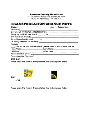 Fillable Online putnam k12 ga TRANSPORTATION CHANGE NOTE ...