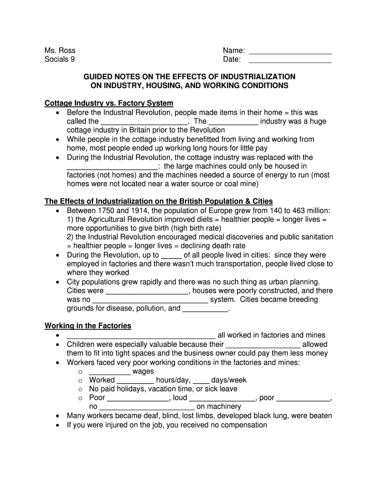 Fillable Online GUIDED NOTES ON THE EFFECTS OF INDUSTRIALIZATION ON Fax ...