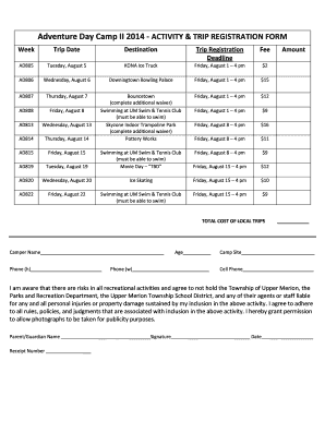 Fillable Online Adventure Day Camp II 2014 ACTIVITY & TRIP REGISTRATION ...