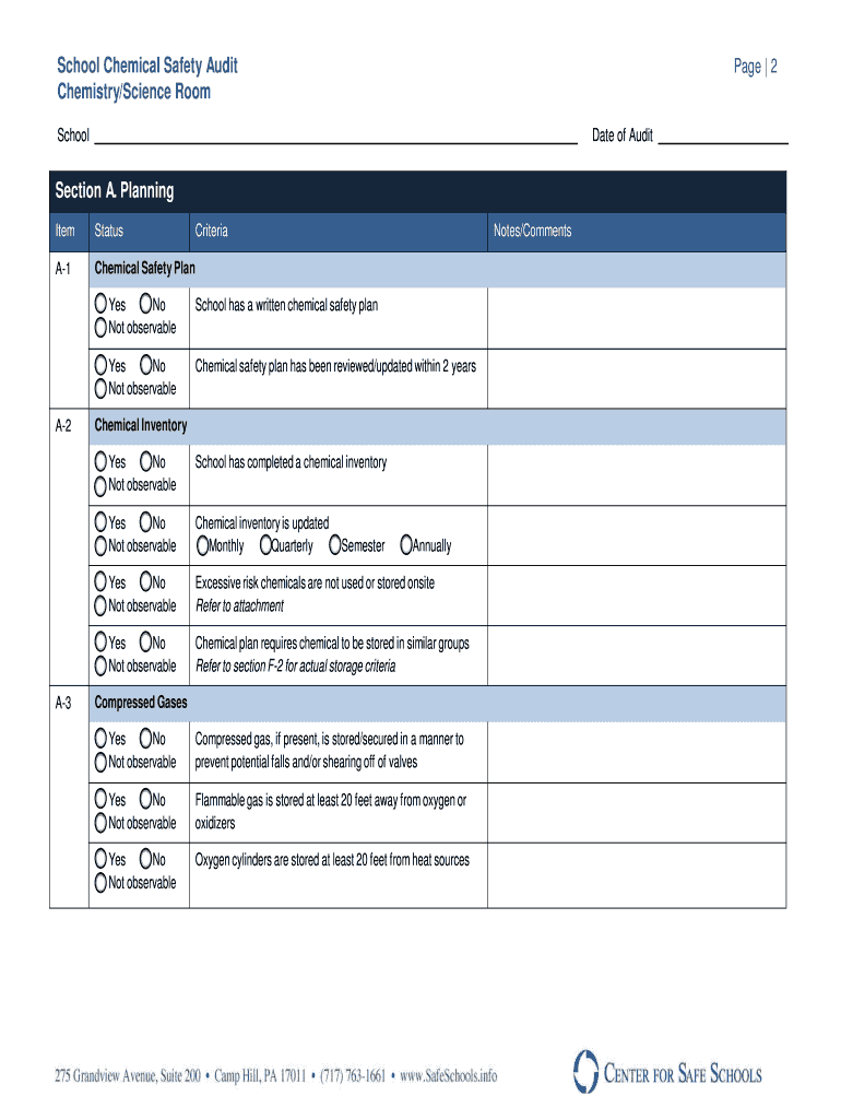 Fillable Online safeschools School Chemical Audit Safety - Center for ...