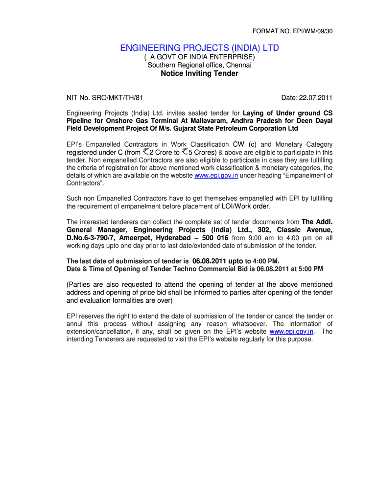 Fillable Online epi gov ENGINEERING PROJECTS INDIA LTD - epigovin Fax ...