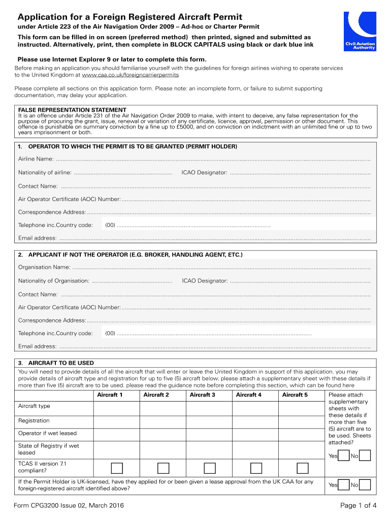 Fillable Online Application for a Foreign Registered Aircraft Permit ...