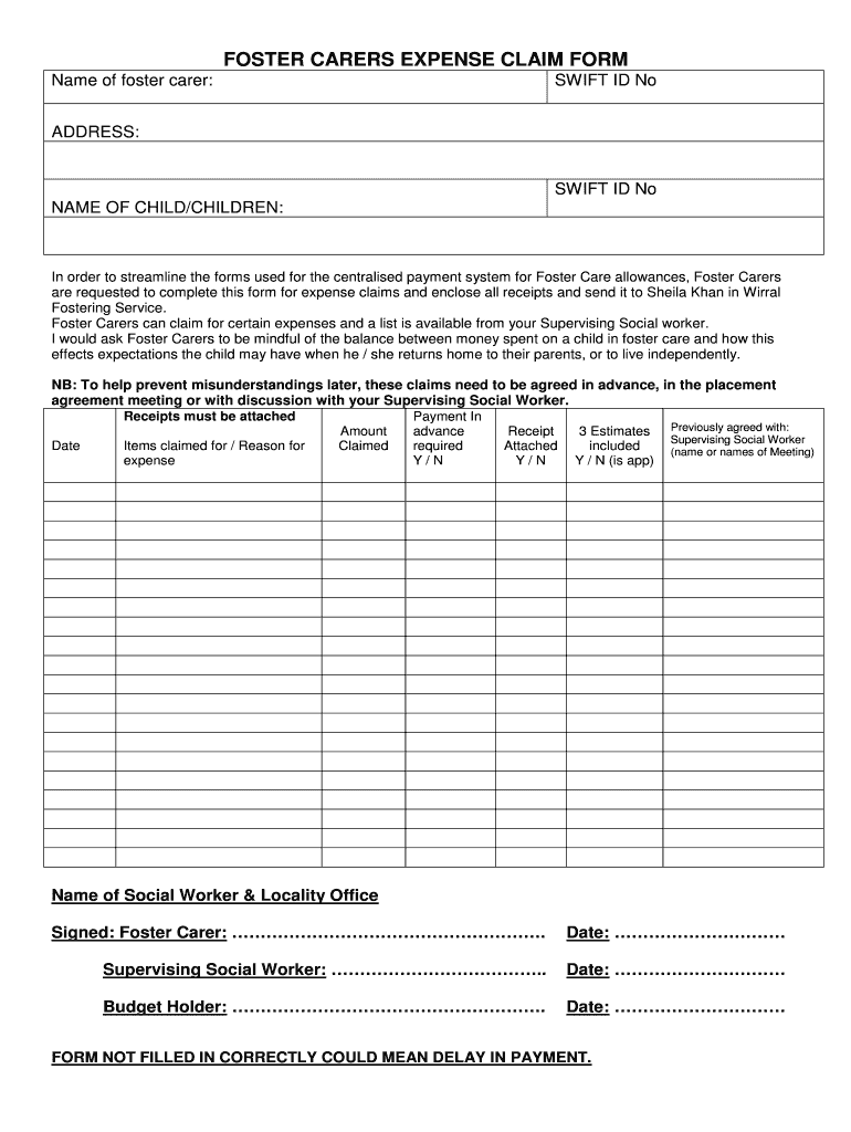 Fillable Online FOSTER CARERS bEXPENSE CLAIMb FORM Fax Email Print ...