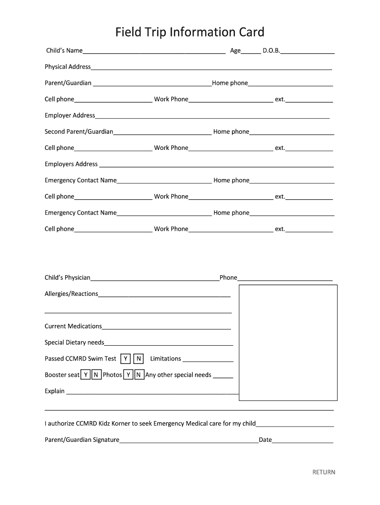 Fillable Online Field Trip Information Card ...