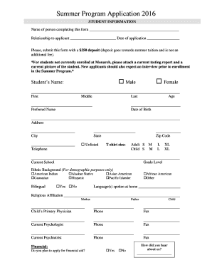 Fillable Online Summer bProgram 2016 Applicationb New Family - Monarch School Fax Email Print ...