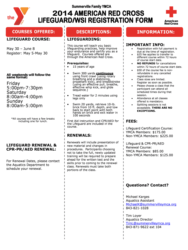 Fillable Online summervilleymca 2014 american red cross lifeguard/wsi ...