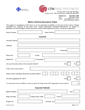 Fillable Online Motor Vehicle Insurance Claim Insured - LTM Risk ...