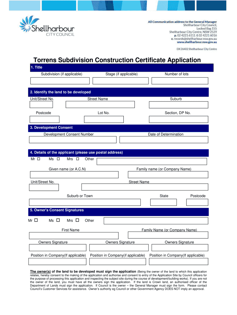 Fillable Online Torrens Subdivision Construction bCertificateb Application updated 11 bb Fax ...