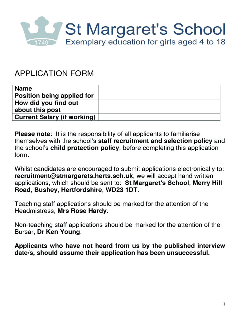 Fillable Online APPLICATION FORM - St Margaret039s School Bushey Fax ...