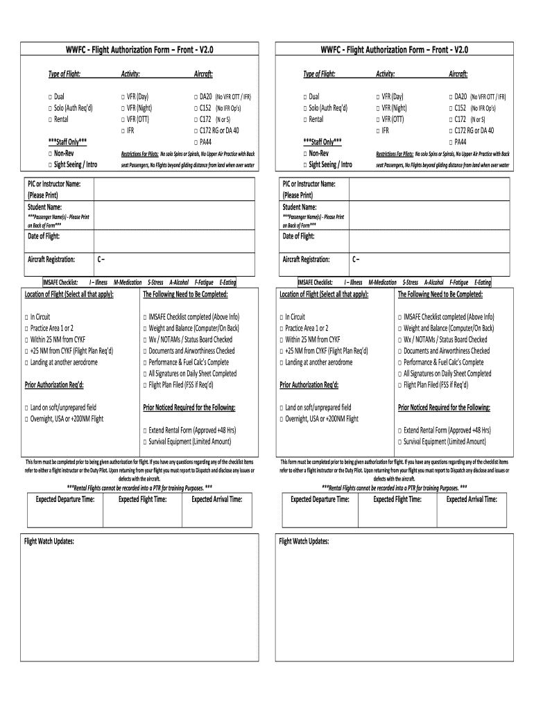 Fillable Online wwfc BWWFCb - Flight Authorization Form Front - V20 ...