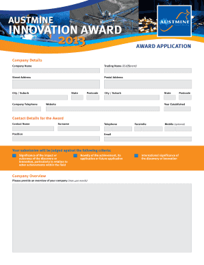 Fillable Online AUSTMINE INNOVATION AWARD 2013 Fax Email Print - pdfFiller