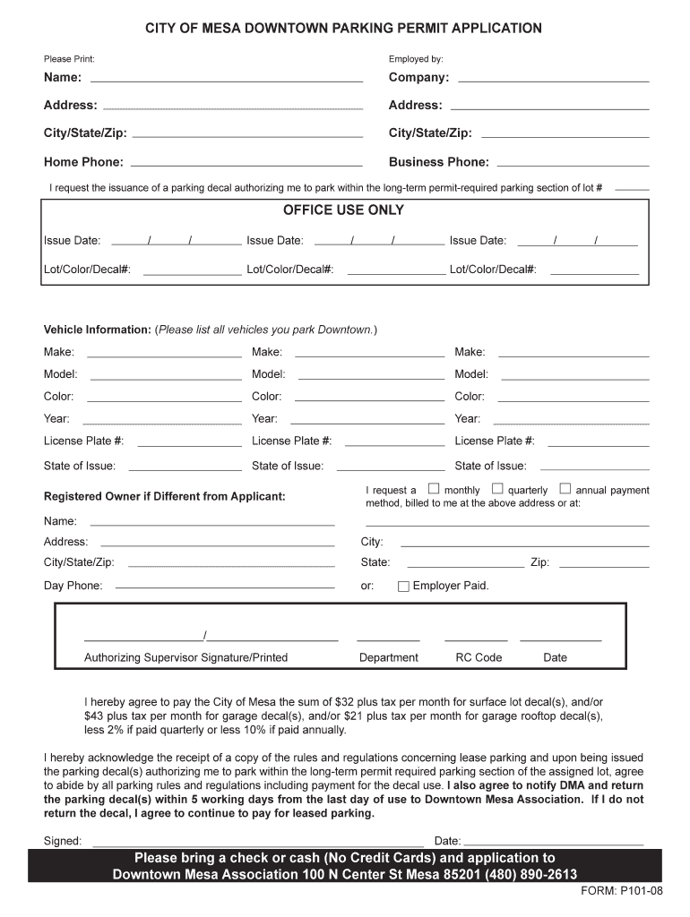 Fillable Online CITY OF MESA DOWNTOWN PARKING bPERMITb APPLICATION bb Fax Email Print - pdfFiller