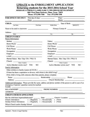 Fillable Online Enrollment Application Form - Update 2015-2016 Fax ...