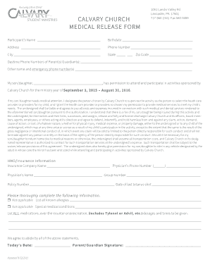 Fillable Online calvarychurch 2015-2016 Calvary Church Medical Release ...
