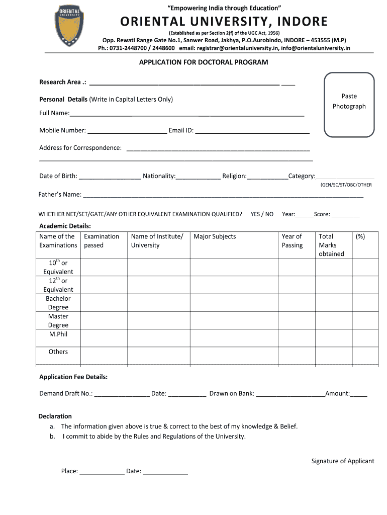 Fillable Online orientaluniversity PhD_ApplicationForm - Oriental University ...
