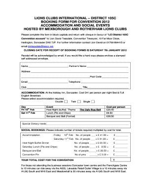 Fillable Online lions105c org LIONS CLUBS INTERNATIONAL DISTRICT 105C BOOKING FORM FOR Fax Email ...