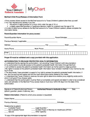 Fillable Online BMyChartb Child ProxyRelease of Information Form Proxy ...