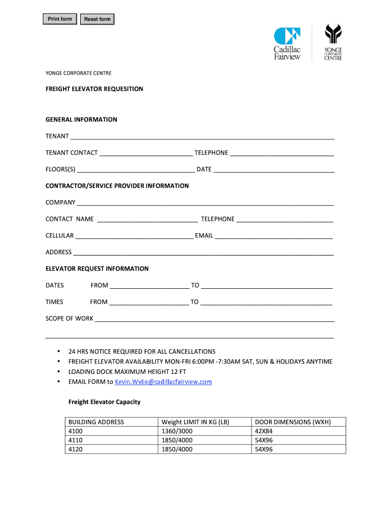 Fillable Online Freight elevator requesition general information tenant - Yonge ... Fax Email ...