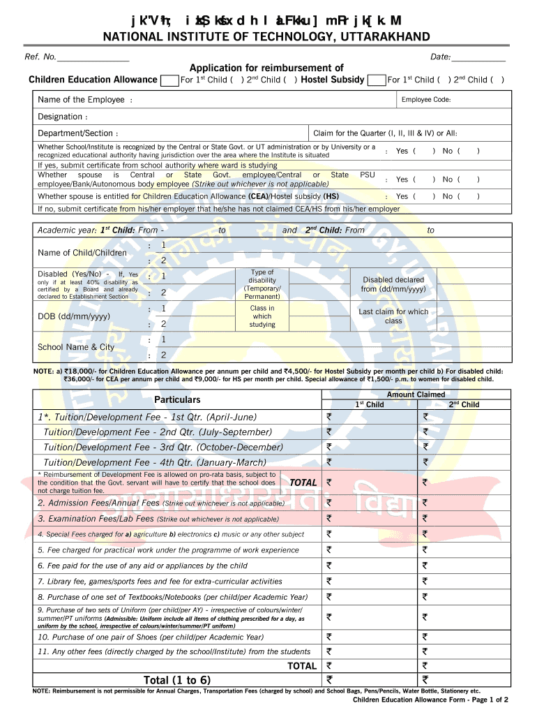 Fillable Online nituk ac Application for reimbursement of - nituk ac ...