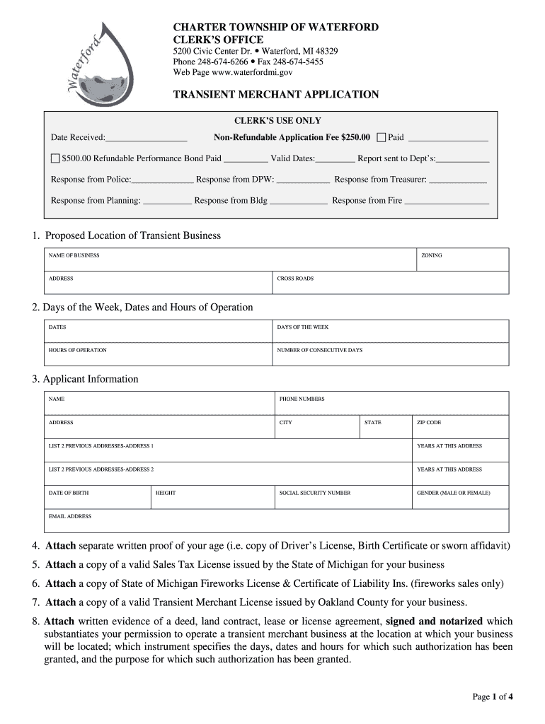 Fillable Online Transient Merchant License (PDF) - Waterford Township ...