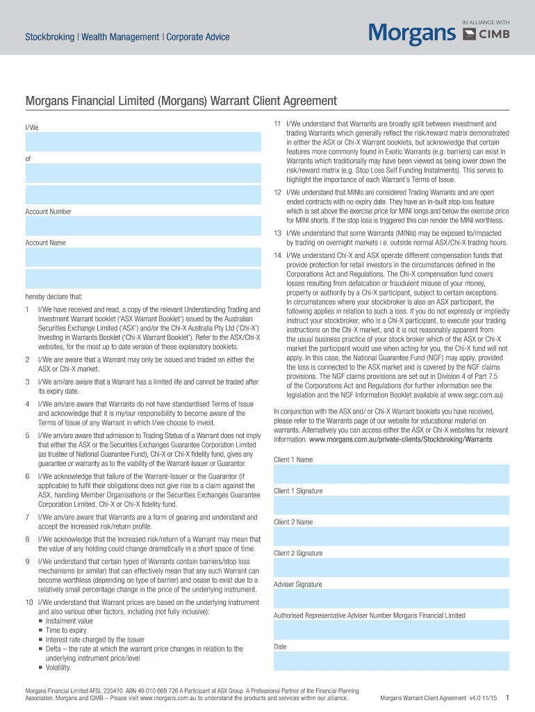 Fillable Online Morgans Financial Limited Morgans Warrant Client ...
