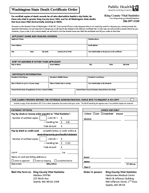 Fillable Online kingcounty Washington State Death bCertificateb Order ...