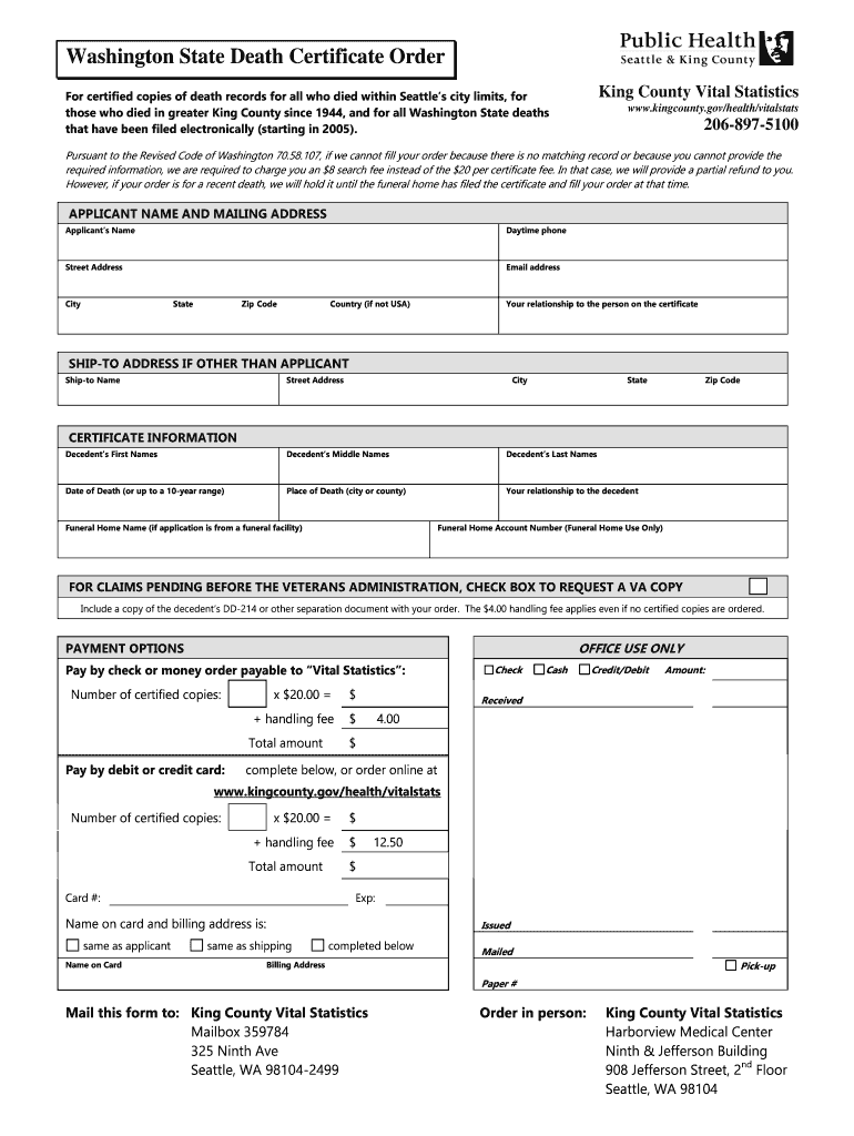 Fillable Online kingcounty Washington State Death bCertificateb Order ...