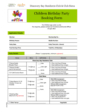 Fillable Online Children Birthday Party Booking Form - bDBRCb Fax Email ...