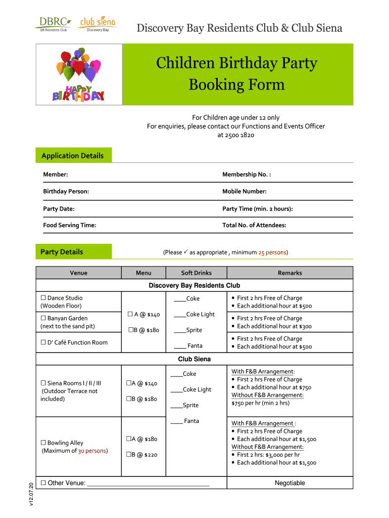 Fillable Online Children Birthday Party Booking Form - bDBRCb Fax Email ...